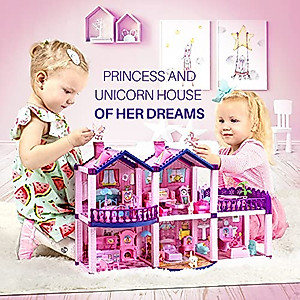 TOMLEON Dollhouse w/ Princesses, 4 Unicorns and Dog Dolls - Pink / Purple Dream House Toy for Little Girls - 4 Rooms w/ Garden, Furniture and Accessories - Girls Ages 3 - 6 (4 Princesses)