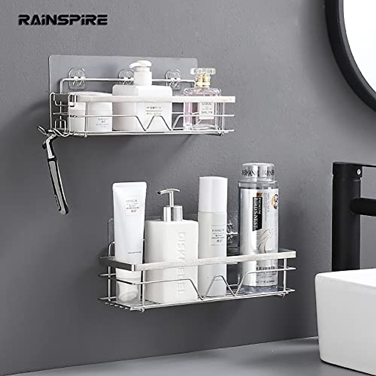 Rainspire Adhesive Shower Caddy, Large Capacity Self Adhesive Shower Shelves for Inside Shower, Shower Rack Shower Shelf for Inside Shower Stainless Steel Bathroom Shower Organizer, Middle, Silver