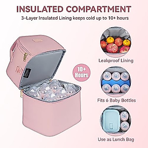Mancro Breastmilk Cooler Bag with Ice Pack, Insulated Baby Bottle Bag Fits 6 Baby Bottles Up to 9 Ounce, Double Layer Bottle Bag for Daycare, Breast Milk Cooler Travel Bag for Nursing Mom, Pink