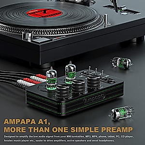 Ampapa A1 Vacuum Tube Phono Preamp, Headphone Amp, Hi-Fi Audiophile Preamplifier for MM Turntable Record Player with Tone Control for Home Stereo Audio System