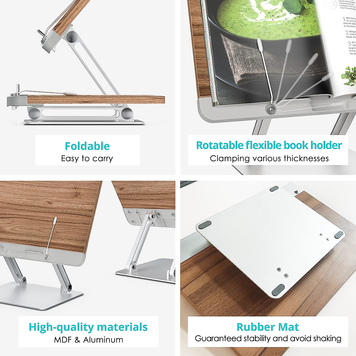 viozon Book Stand for Reading, Wooden Cookbook Holder, Adjustable Height&Angle, Aluminum Alloy, Foldable & Portable, for Office, Kitchen, School. Kids & Adults Textbook, Recipe, Magazine, Tablet-
