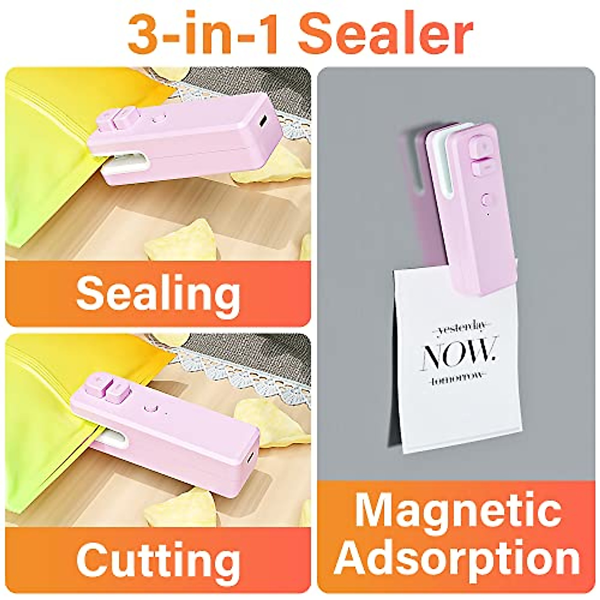 Uluck Mini Bag Sealer,Rechargeable Handheld Plastic Bag Resealer, 3 in 1 Heat Sealer and Cutter,Comes with USB C Cable Power Cable for Chip Bags, Plastic Bags, Snack Bags(No battery required) (Pink)