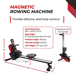 Stamina X Magnetic Rower 1102 - Rower Machine with Smart Workout App - Rowing Machine with Magnetic Resistance for Home Gym Fitness - Up to 250 lbs Weight Capacity - Black/Red