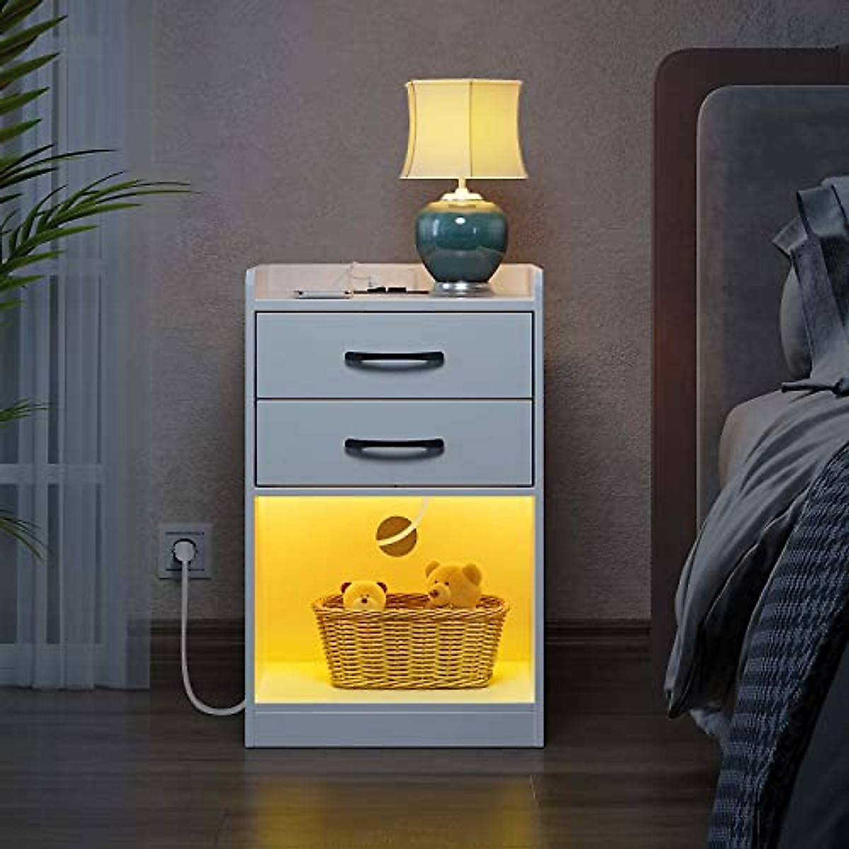 Seventable Nightstand with Charging Station and LED Lights, Modern Design End Side Table with 2 Drawers, Nightstand Open Compartment for Bedroom, White