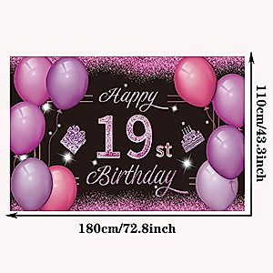 Happy 19st Birthday Backdrop Banner Pink Purple 19th Sign Poster 19 Birthday Party Supplies for Anniversary Photo Booth Photography Background Birthday Party Decorations, 72.8 x 43.3 Inch