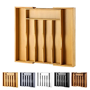 oridom Expandable Bamboo Kitchen Drawer Organizer for Cutlery and Utensils, Adjustable Bamboo Wood Cutlery Tray in Drawer for Flatware and Silverware in Kitchen, (Natural)
