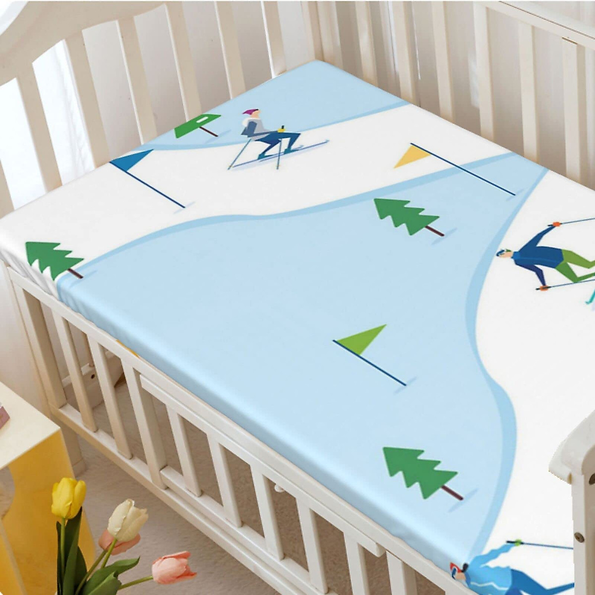 Ski Pattern Themed Fitted Crib Sheet,Standard Crib Mattress Fitted Sheet Ultra Soft Material -Baby Sheet for Boys Girls,52 x 28 Inch,Baby Blue and Multicolor