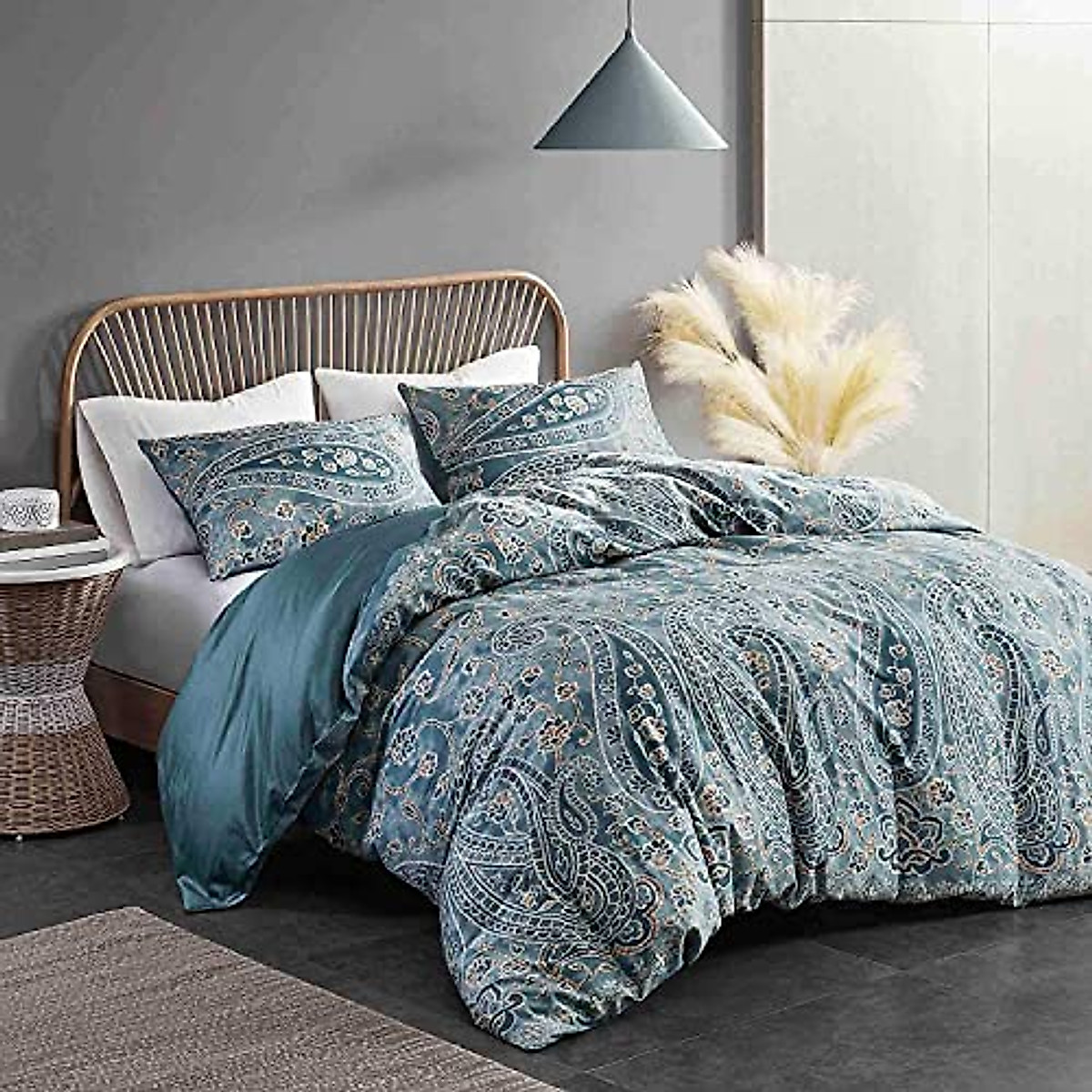 Inspire by Intelligent Design Reversible 100% Cotton Sateen Duvet - Breathable Comforter Cover, Modern All Season Bedding Set (Insert Excluded), Belcourt, Paisley Blue King/Cal King(104" x 90")