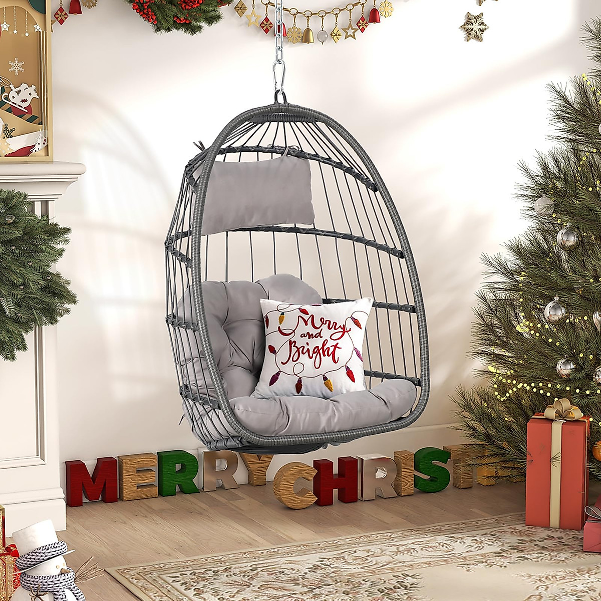 Patiorama Indoor Outdoor Egg Swing - Rattan Hanging Chair w/Cushion, 350lbs Capacity, All Weather Foldable Hammock Chair for Bedroom, Porch (Light Grey)