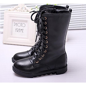 DADAWEN Kid's Girls Leather Lace-Up Zipper Mid Calf Combat Riding Winter Boots (Toddler/Little Kid/Big Kid) Black US Size 4.5 M Big Kid