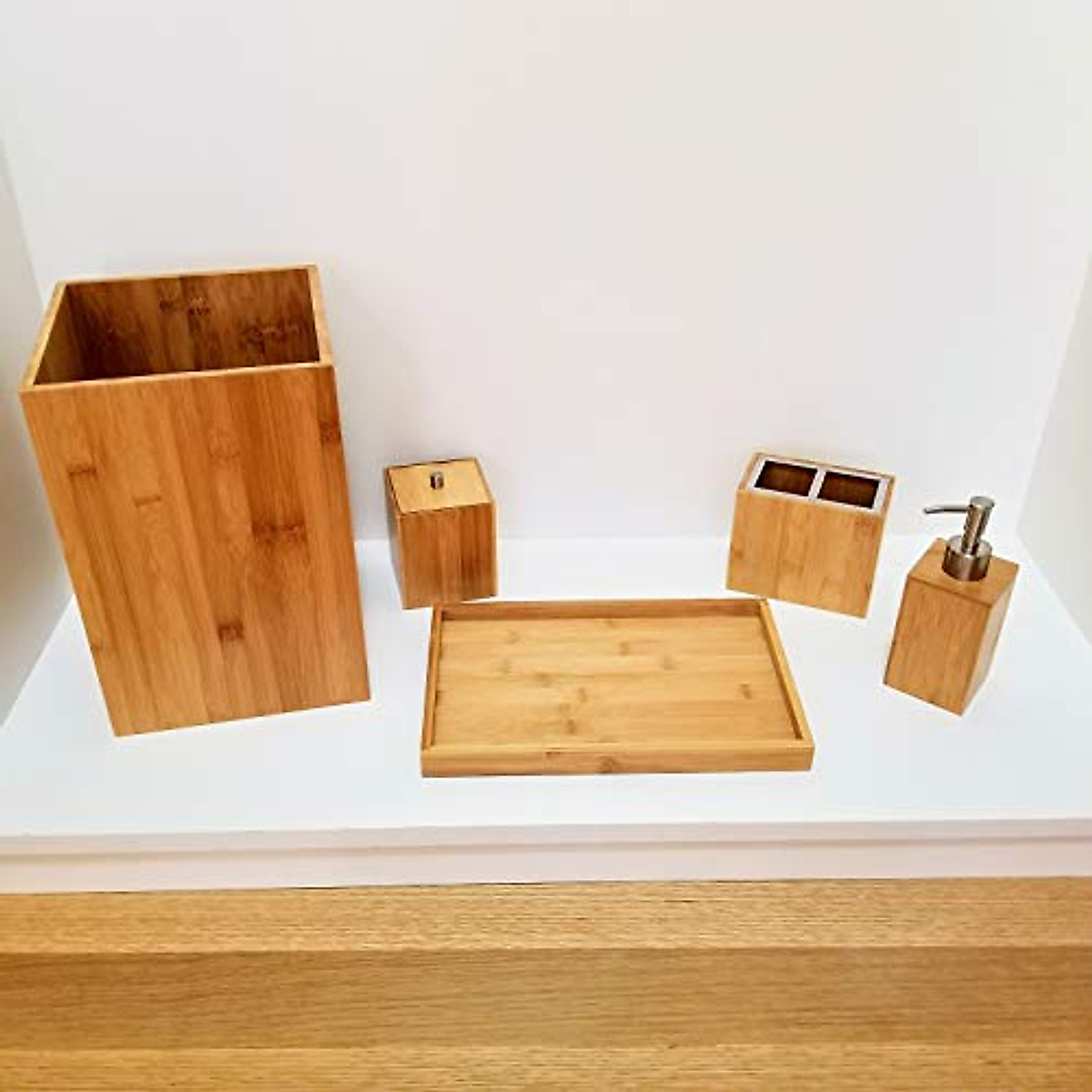 Elegant 5 Piece Bamboo Bathroom Accessories Set Deluxe Vanity Accessory Set with Wastebasket Updated Premium Bamboo Bath Set