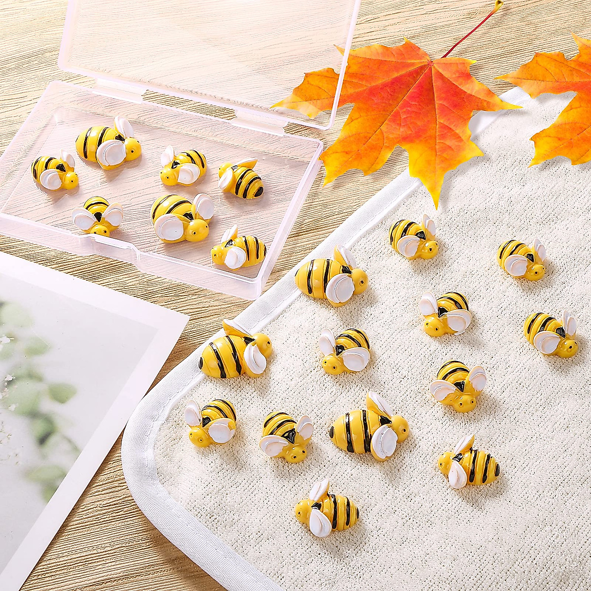 MIKIMIQI 40 Pcs Tiny Resin Bees Decor Bumble Bee Embellishment Resin Bees Craft Decorations with Storage Box for DIY Craft Wreath Scrapbooking Party Home Decor, 0.98 in, 0.74 in, 0.55 in