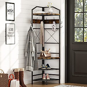 Lamerge Conner Coat Rack with Storage, Multifunctional Entryway Shelf Organizer with 12 Hooks & 4-tier Shelves, 72" Industrial Hall Tree Freestanding Clothes Rack for Living Room Bedroom, Brown