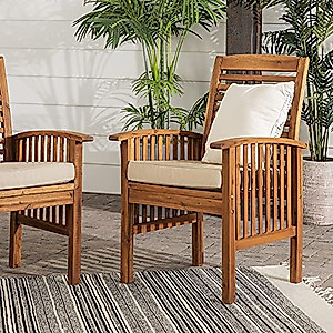Walker Edison Rendezvous Modern 2 Piece Solid Acacia Wood Slat Back Outdoor Dining Chairs, Set of 2, Brown