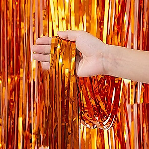 2 Pack 3.2x8.2ft Tinsel Foil Fringe Curtains, Streamers Backdrop Curtains with Adhesive, Photo Booth Background - Home Wall Window Decorations for Birthday, Wedding Party Decor, Orange