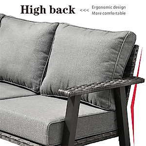 ovios Patio Furniture Set 7-Pieces Outdoor Wicker Rattan Sofa with Coffee Table Loveseat Ottomans, High Back All Weather Conversation Set with Comfy Cushions, Dark Grey