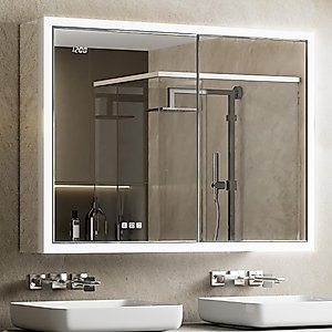 QueenFun 40x30 Recessed or Surface LED Medicine Cabinet with Mirror, 3 Color Dimmable Fogless Lighted Medicine Cabinet with Outlet and Adjustable Shelves,Time Display & Built-in Auto-Sensing Light