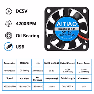 AITIAO 6Pcs 40mm USB Brushless Cooling Fan 40mm x10mm DC 5V Quiet Cooling Fan 4010 Mini Computer Fan for Small Appliances Series Replacement(4010USB 5V)