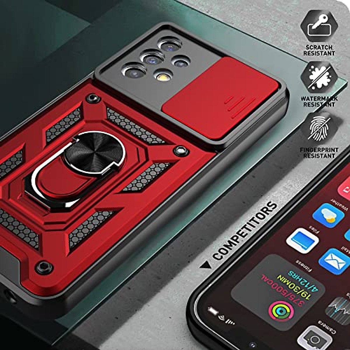 Dretal Samsung A23 Case, Galaxy A23 5G Case with Stand Kickstand Ring and Camera Cover with Tempered Glass Screen Protector, Military Grade Shockproof Protective Cover for A23 (TC-Red