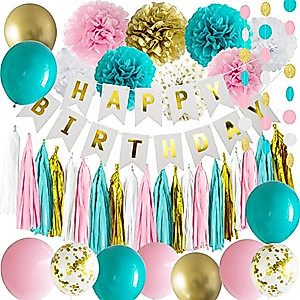 ANSOMO Teal Blue and Pink Happy Birthday Party Decorations White Blush Gold Gender Neutral Décor Supplies Balloons for Girls Women Teens Kids