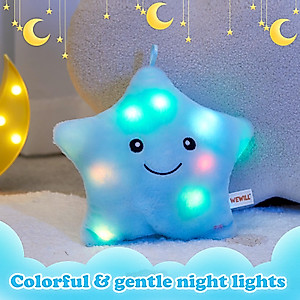 WEWILL 9'' LED Twinkle Star Soft Plush Pillow Toys Glowing Stuffed Star Light up Pillow Plush with Colorful Night Lights Birthday Valentines Day Gift for Toddler Kids(Blue)