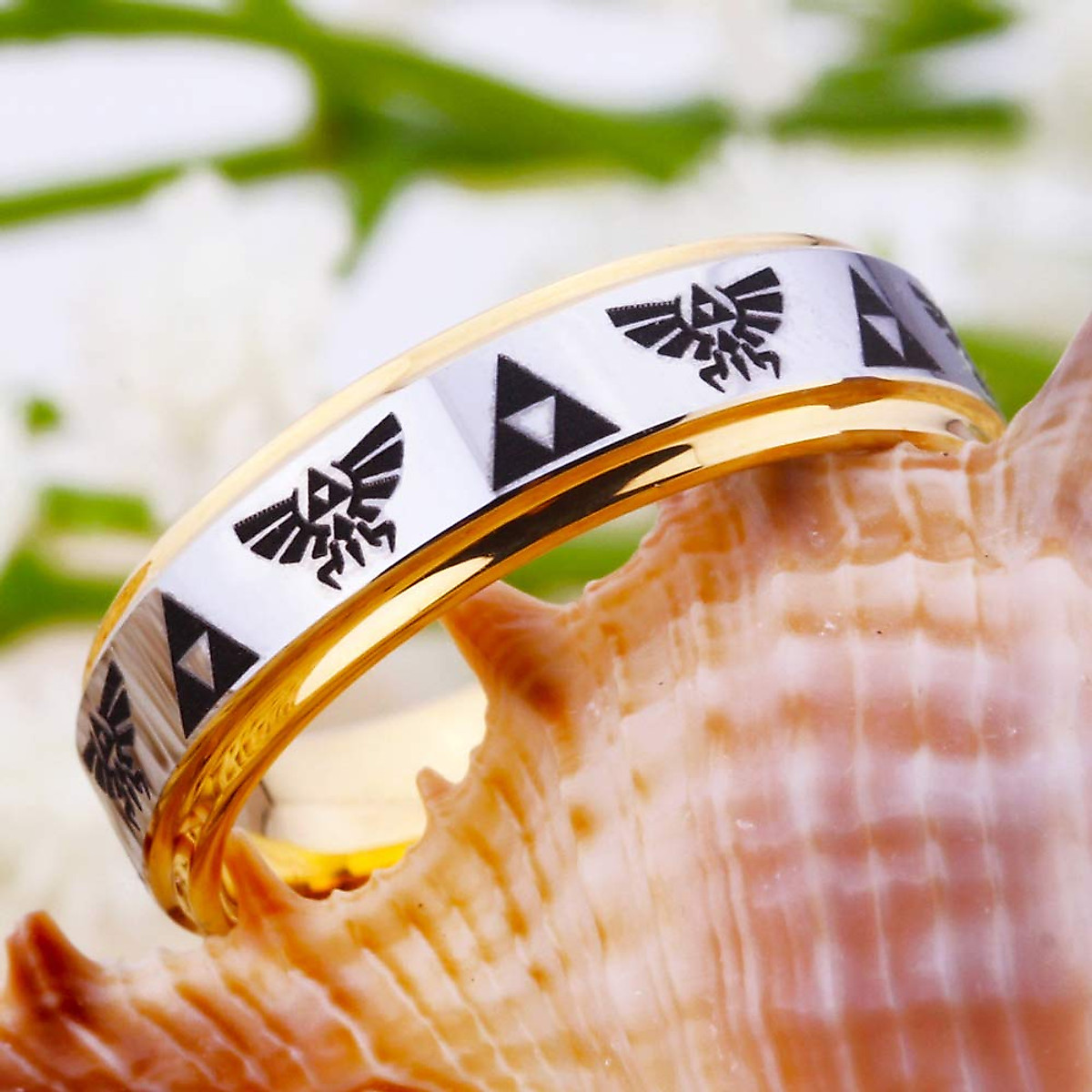 CLOUD DANCER FREE Custom Engraving The Legend of Zelda Ring- Crest and Triforce Ring Gold Step Tungsten Carbide Wedding Bands Ring (9.5)