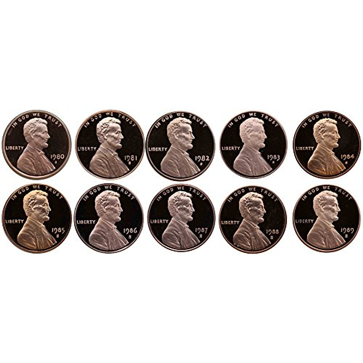 1980-1989 S Lincoln Memorial Cent Gem Deep Cameo Proof Run 10 Coin Set US Mint Penny Lot Complete 1980's Set