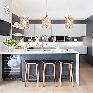 Cuaulans Gold Crystal Pendant Light, 3 Pack Kitchen Island Lighting, Modern Adjustable Bar Lights Hanging Fixture for Kitchen Dining Room Bedroom Bar