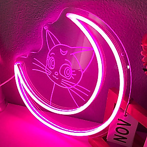 JXIN Moon Neon Sign, Adorable Anime-Inspired Luna Cat Moon Light for Girl's Teen Room Wall Decor, Kawaii Gamer Room, Birthday Decorations