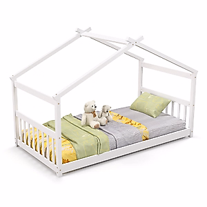Giantex House Bed Twin, Solid Wood Kids House Bed with Roof, Headboard and Footboard, Low Floor Twin Bed Frame for Toddlers Teens Girls Boys, No Box Spring Needed, White