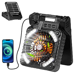Car Solar Fan with Light Rechargeable, Portable Camping Fan 10000mAh Battery Operated with 4 Speeds and 3 Brightness Level, Camping Essentials Fan with Timer for Travel Tent Picnic Barbecue Fishing