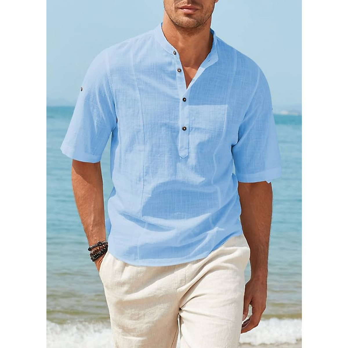 JMIERR Mens Casual Cotton Linen Texture Henley Shirt Short Sleeve Button Down Shirt Summer Beach Tropical Cruise Shirts US 40(M) Sky Blue