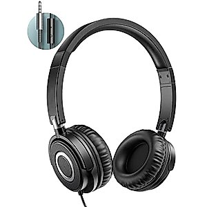 Nasuque Headphones with Microphone, Lightweight Foldable on Ear Headset for Kids Teens Adults, Wired Stereo Headphones with Deep Bass, Portable Design for Home Office Travel Virtual Schooling, Black