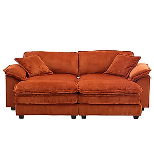 84" Stupendous Oversized Double Chaise Lounges Indoor, Comfy Corduroy Chaise Lounge Sleeper Chair with Ottoman, Convertible L Shaped Loveseat Deep Seat Modular Sectional Sofa for Living Room (Orange)