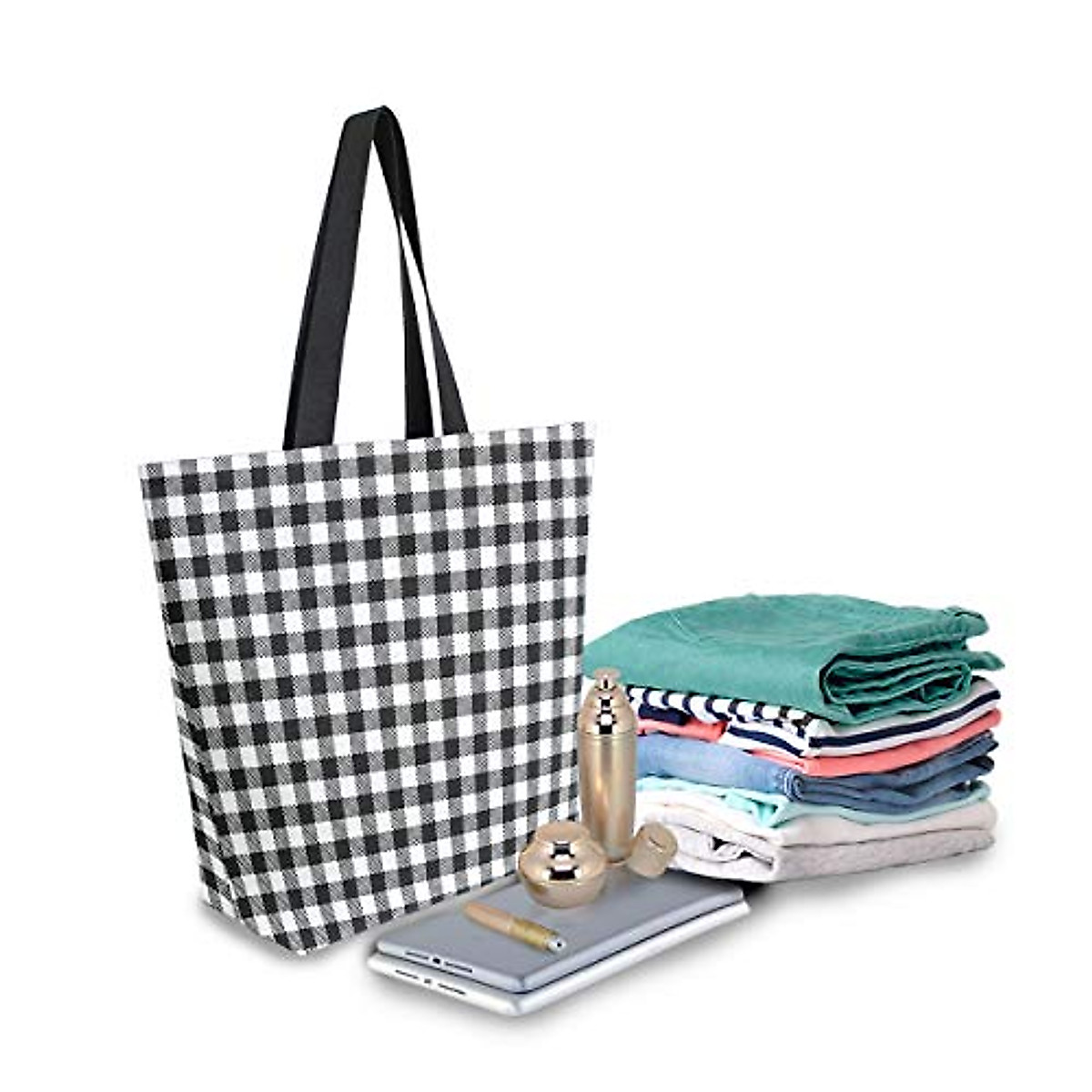 ALAZA Black Plaid Large Canvas Tote Bag for Women Girls