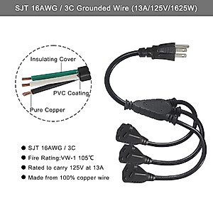 KUNCAN 3-Outlet Splitter Extension Cord - 3 Prong 1 to 3 Way Power Splitter Extension Cable, 1FT 16AWG 13A/1625W, NEMA 5-15P to 3*NEMA 5-15R Y Style Extension Cord (Black 2-Pack)
