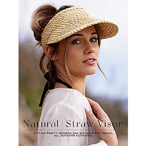 Visors for Women, Straw Sun Visors for Women Beach Hats for Women Packable Sun Hat Womens Visor Handmade Straw Hats for Women Beige