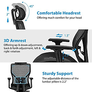 COSTWAY Ergonomic Home Office Chair, Adjustable Swivel Mesh Executive Chair w/Reclining Backrest, Headrest and 3D Armrests, High Back Computer Desk Chair for Gaming, Reading, Studying, Black