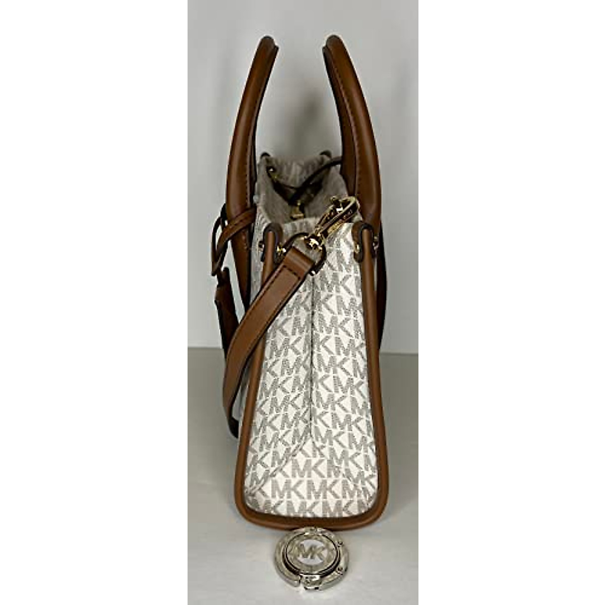 Michael Kors Mirella Small Shopper Top Zip Bag bundled SM TZ Coinpouch Purse Hook (Vanilla/Luggage)