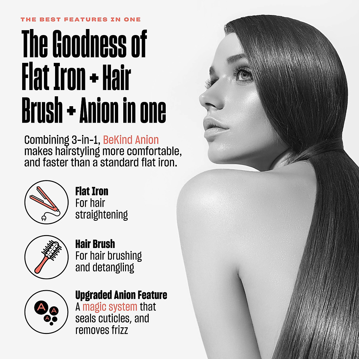 BeKind Anion 30-in-1 Hair Straightener Brush, Built in Upgraded Anion Feature, 15s Fast Heat-up, Multiple Temperature Settings (from 265℉ to 450℉) with Anti-Scald Design, Gifts for Girls Women
