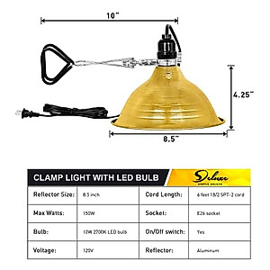 Simple Deluxe 5.5 Inch/8.5 Inch Aluminum Reflector E26 Socket Clamp Light with a Digital Aquarium Thermometer or 2700K LED Bulb
