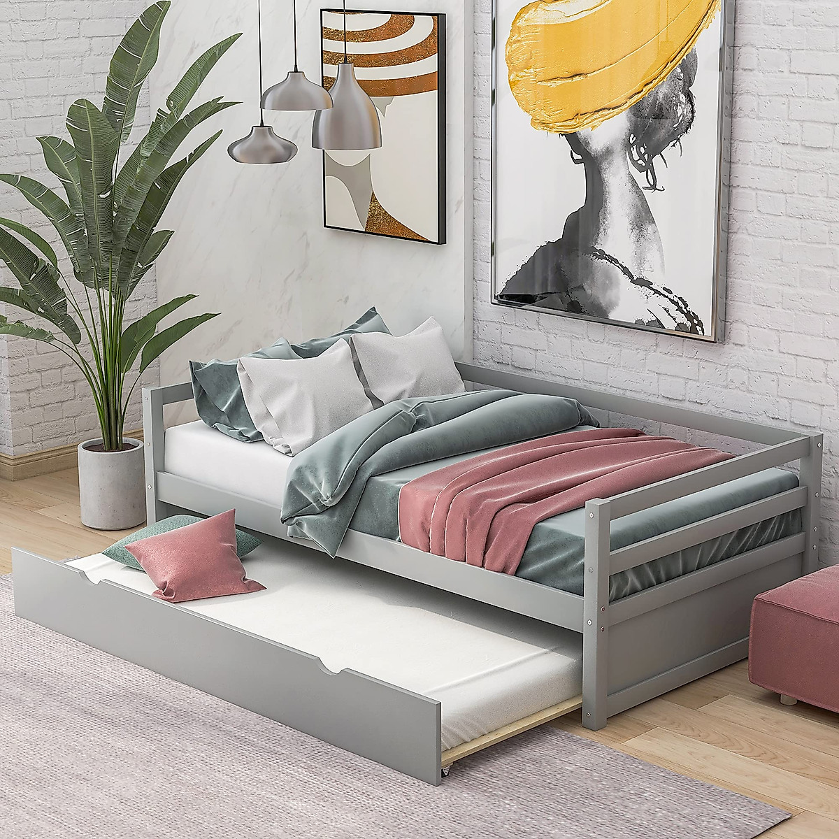Harper & Bright Designs Wood Daybed with a Trundle, Trundle Daybed Twin Size, Standard Twin Bed Frame, No Box Spring Required (Grey Trundle Daybed)