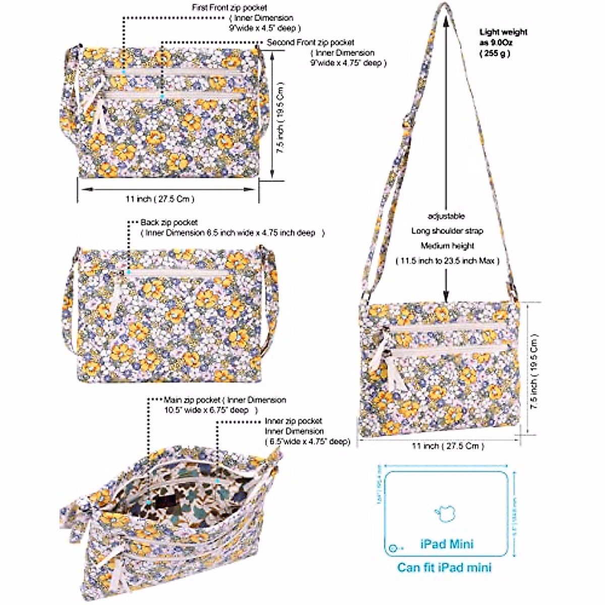 Brentano Cotton quilted Multi-zipper crossbody purse (BIDENS PILOSA)