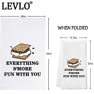 LEVLO Funny S'Mores Marshmallow Kitchen Towel Smores Lover Gift Everything S'More Fun with You Tea Towels Housewarming Gift Waffle Weave Kitchen Decor Dish Towels with Sayings (Everything S'More)