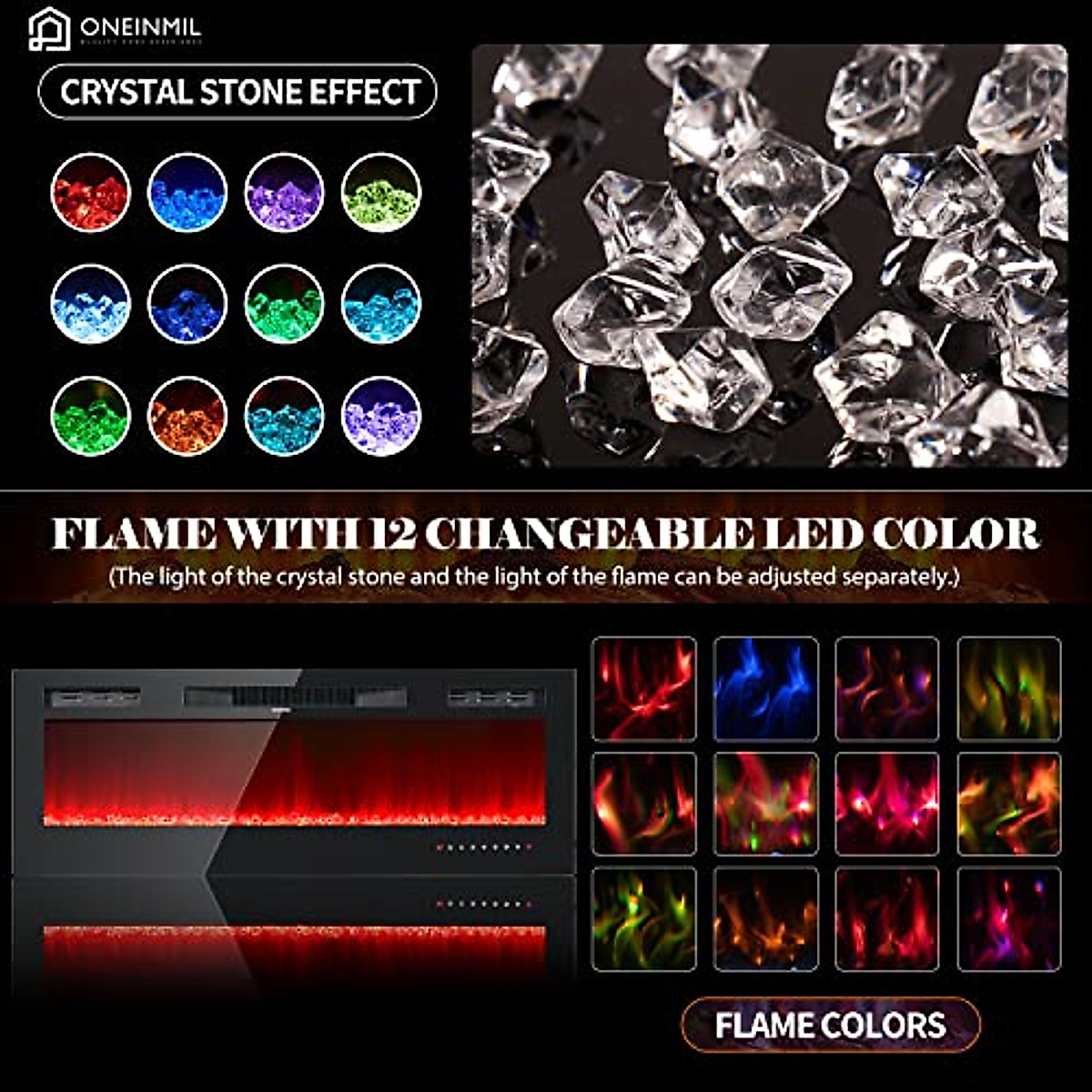 oneinmil Electric Fireplace, 50 inch Wide Recessed/Wall Mounted/Free Standing Electric Fireplace, Remote Control with Timer 12 Adjustable Color Flame, Remote Control,with Crystal Stone, 750/1500W