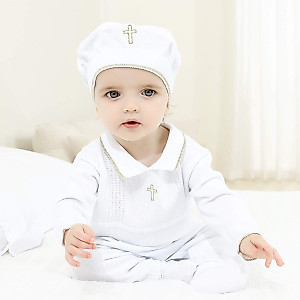 HAPIU Baby Boy Baptism Outfit with Hat Christening Outfit-Cross Detail, 6-9M, Pure White
