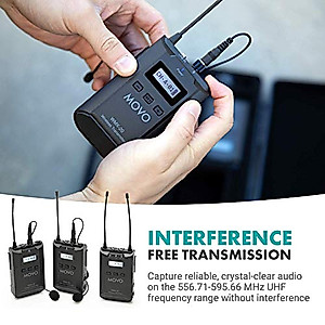 Movo WMX-20-DUO 48-Channel UHF Wireless Lavalier Microphone System with 1 Receiver, 2 Transmitters, and 2 Lapel Microphones Compatible with DSLR Cameras (330' ft Audio Range)