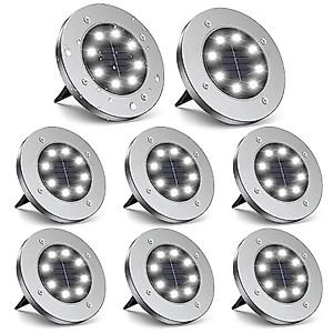 ZGWJ Solar 8 LED Disk Lights Upgraded Outdoor Ground Garden Landscape Lights for Lawn Pathway Yard Deck Patio Walkway (White)