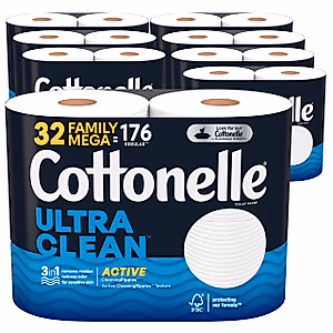 Cottonelle Ultra Clean Toilet Paper with Active CleaningRipples, 1-Ply, 32 Family Mega Rolls (8 Packs of 4) (32 Family Mega Rolls = 176 Regular Rolls), 388 Sheets per Roll, Packaging May Vary