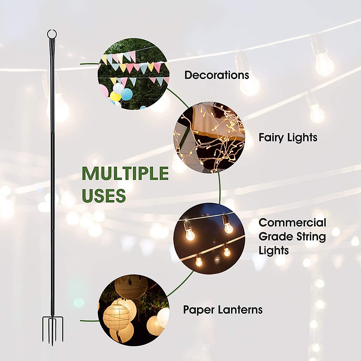 Outdoor String Light Pole, Heavy Duty Light Poles for Outside with Hooks and 4-Prong Fork, Metal Post for Hanging String Lights for Deck, Patio Garden, Backyard, Wedding or Party, 2 Pack